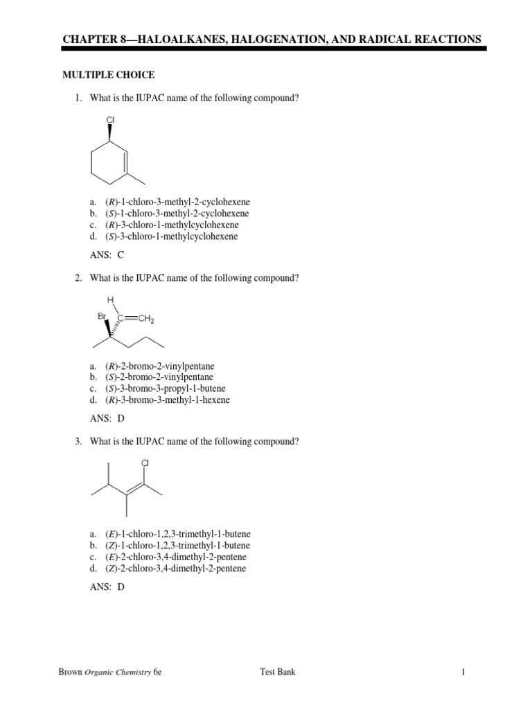 CH 8 Test Bank | PDF | Radical (Chemistry) | Alkene