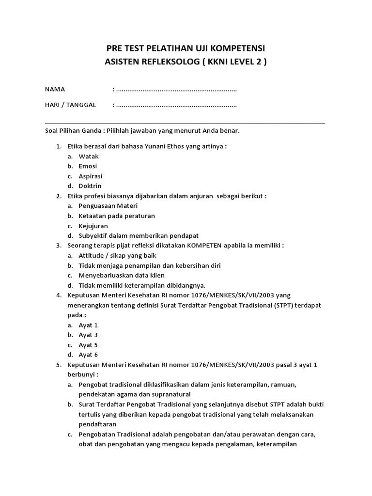 Pre Test Pelatihan Uji Kompetensi | PDF