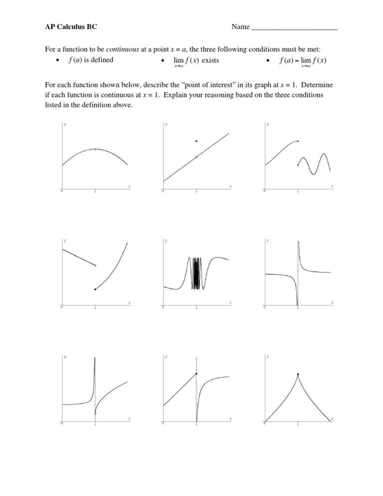 AP Calculus BC: Function Continuity at x=1 | PDF