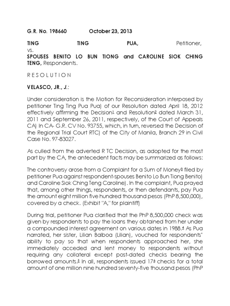 Ting Ting Pua Vs Sps. Benito Case Digest | PDF | Cheque | Evidence