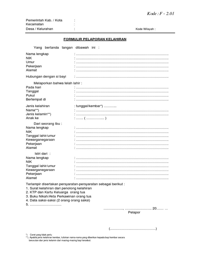 Formulir Pelaporan Kelahiran F-2-01 | PDF