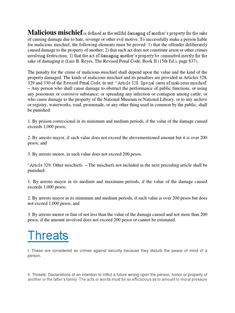Malicious Mischief and Threats | PDF | Robbery | Bail