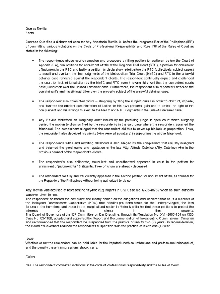 Que vs Revilla Disbarment Case | PDF | Lawyer | Canon Law