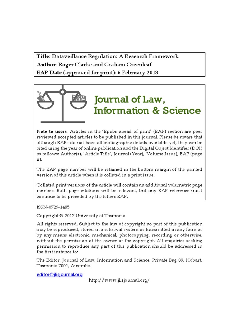 Dataveillance Regulation: A Research Framework, Roger Clarke and Graham Greenleaf | PDF | Money ...