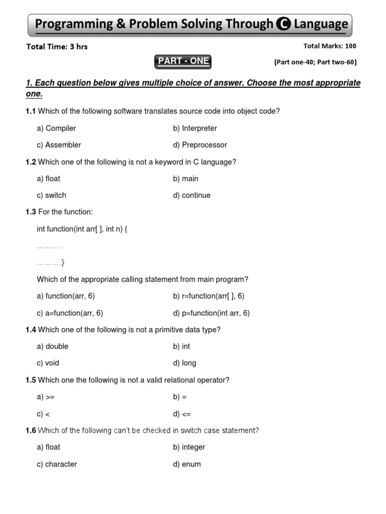 Programming & Problem Solving Through Language: Total Time: 3 Hrs | PDF | C (Programming ...