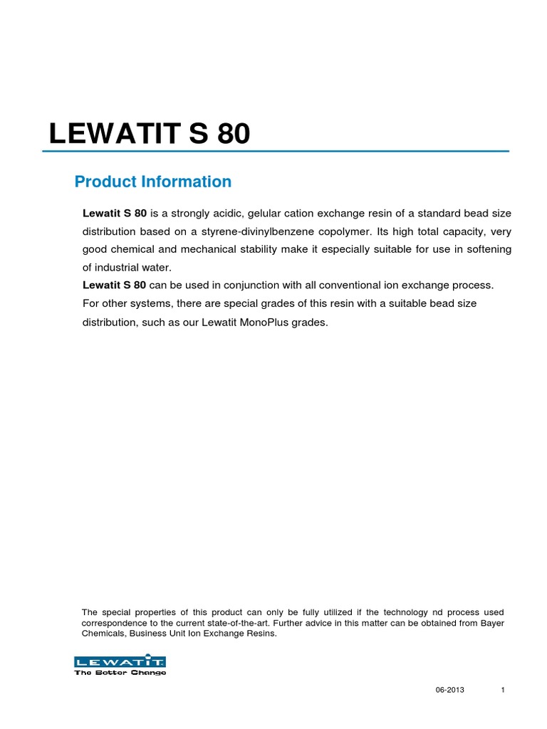 Lewatit S 80 Cation Exchange Resin | PDF | Ion Exchange | Water