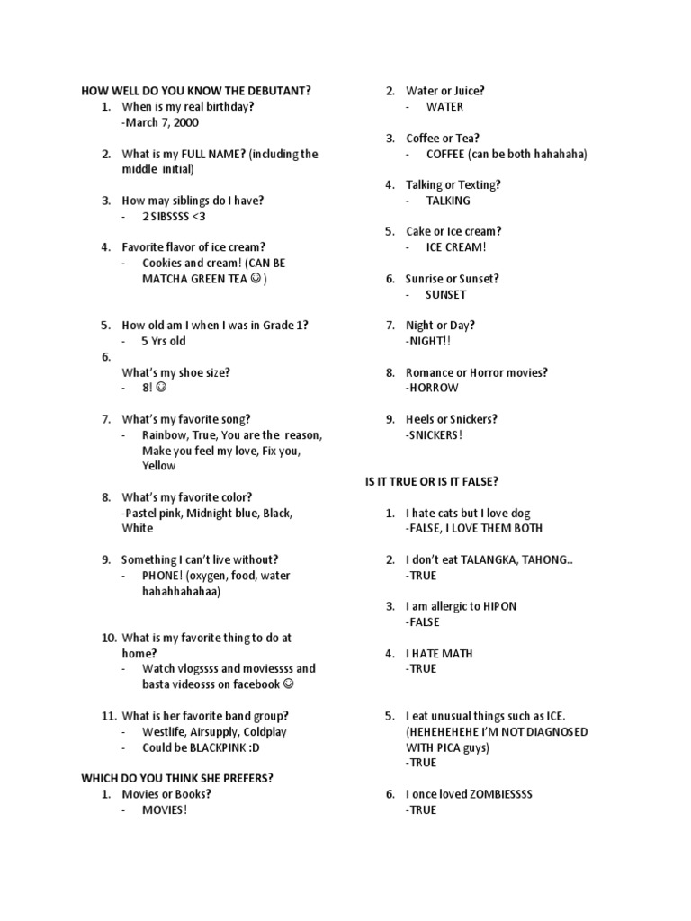 How Well Do You Know The Debutant? | PDF | Foods | Leisure