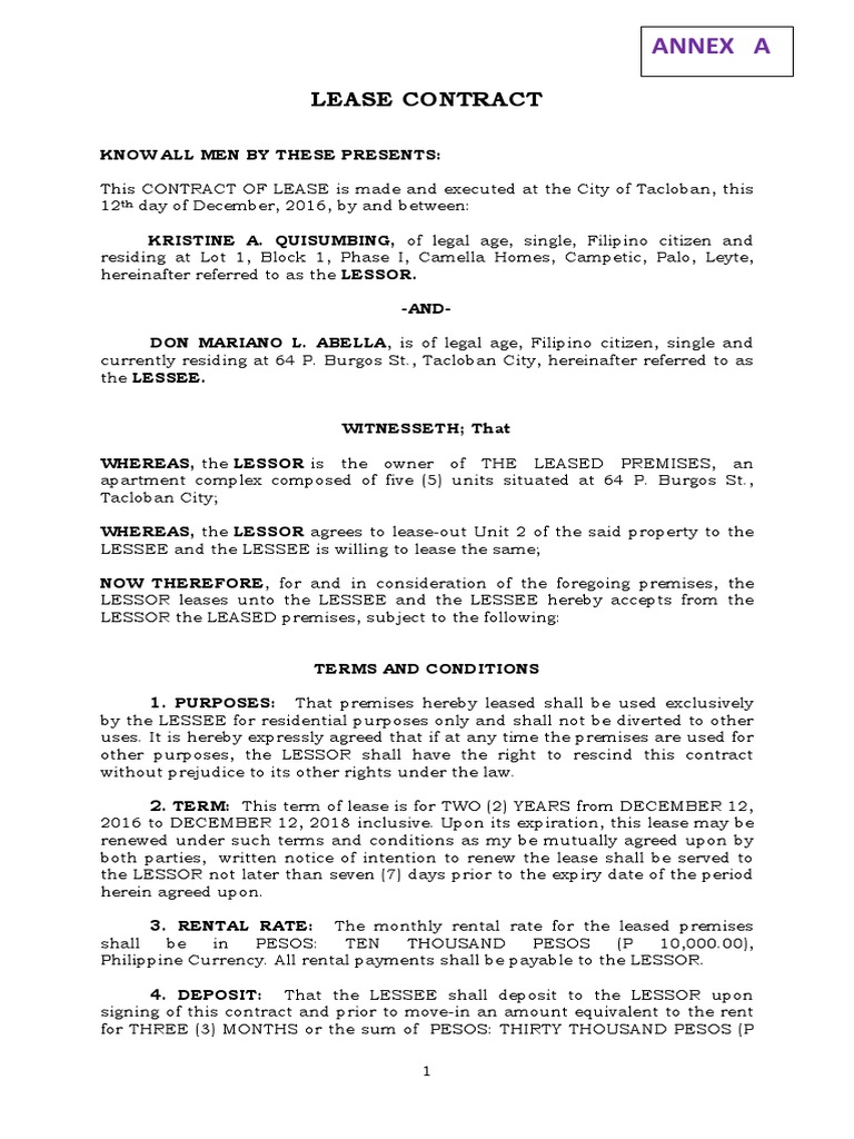 Annex a (Lease Contract) | Lease | Common Law