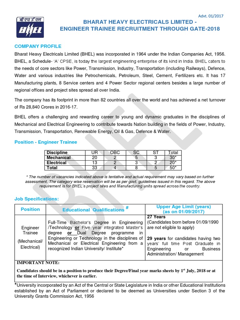 Official Notification For BHEL Recruitmet Through GATE 2018 For ...