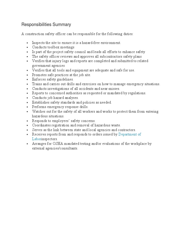 Responsibilities Summary: Department of Labor | PDF | Safety ...