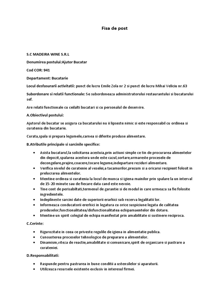 Fisa de Post Ajutor Bucatar | PDF