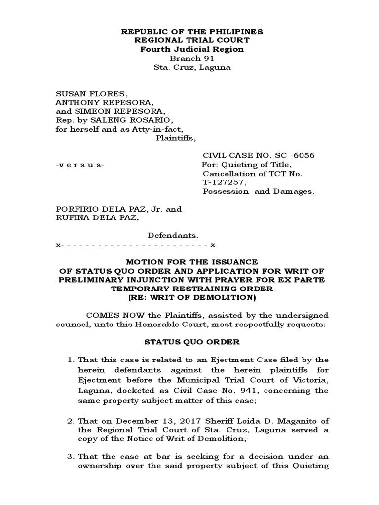 Motion Fort Issuance of Status Quoi Order Saleng ROSARIO | PDF | Injunction | Lawsuit