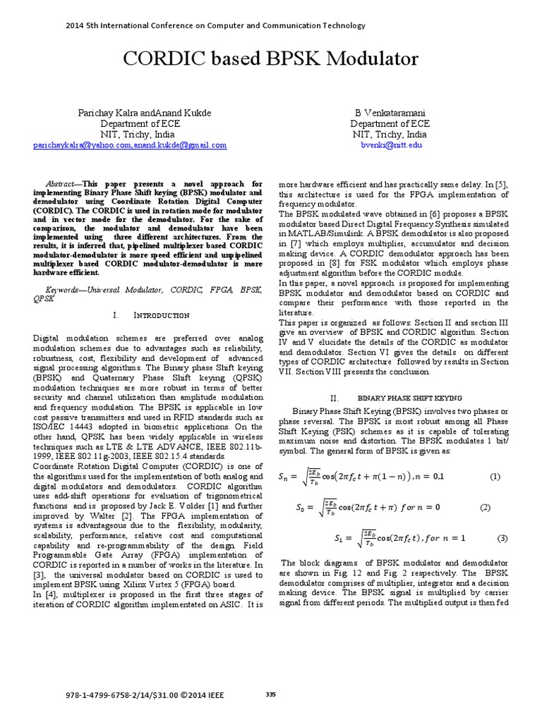 CORDIC Based BPSK Modulator | PDF | Modulation | Telecommunications Engineering