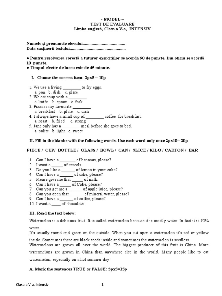 TEST de EVALUARE Clasa A V A Intensiv | PDF | Watermelon | Tableware