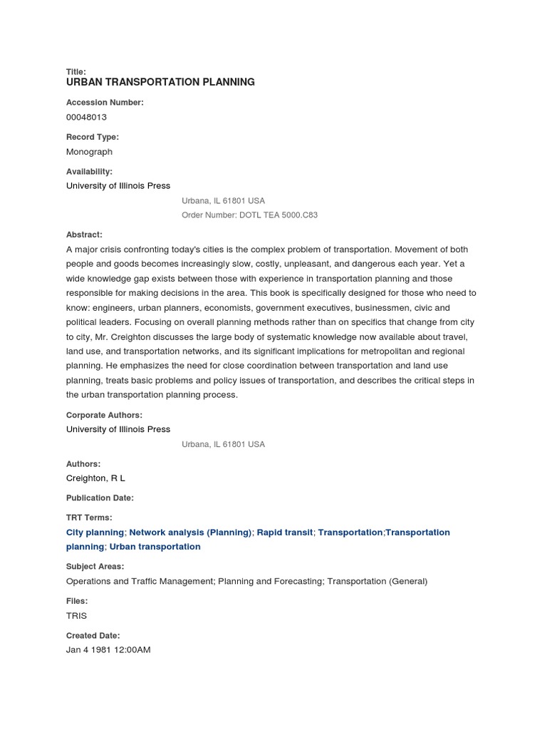 Urban Transportation Planning: University of Illinois Press | PDF