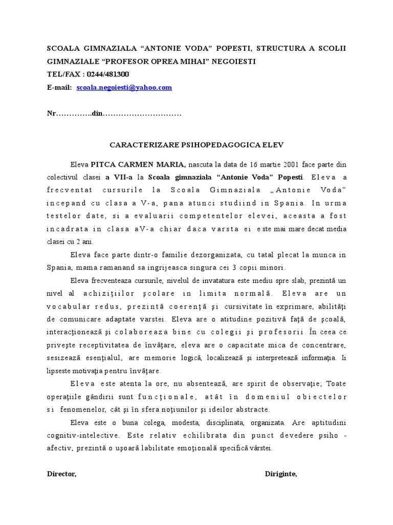 Caracterizare Elev | PDF