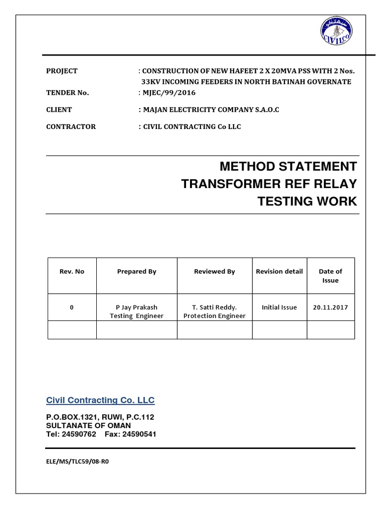 Method Statement Transformer Ref Relay Testing Work: Civil Contracting ...
