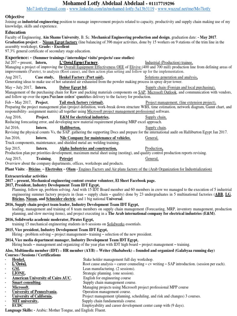 CV - Mohamed Lotfy Abdelaal Abdelaal Loreal Version | PDF | Factory | Project Management