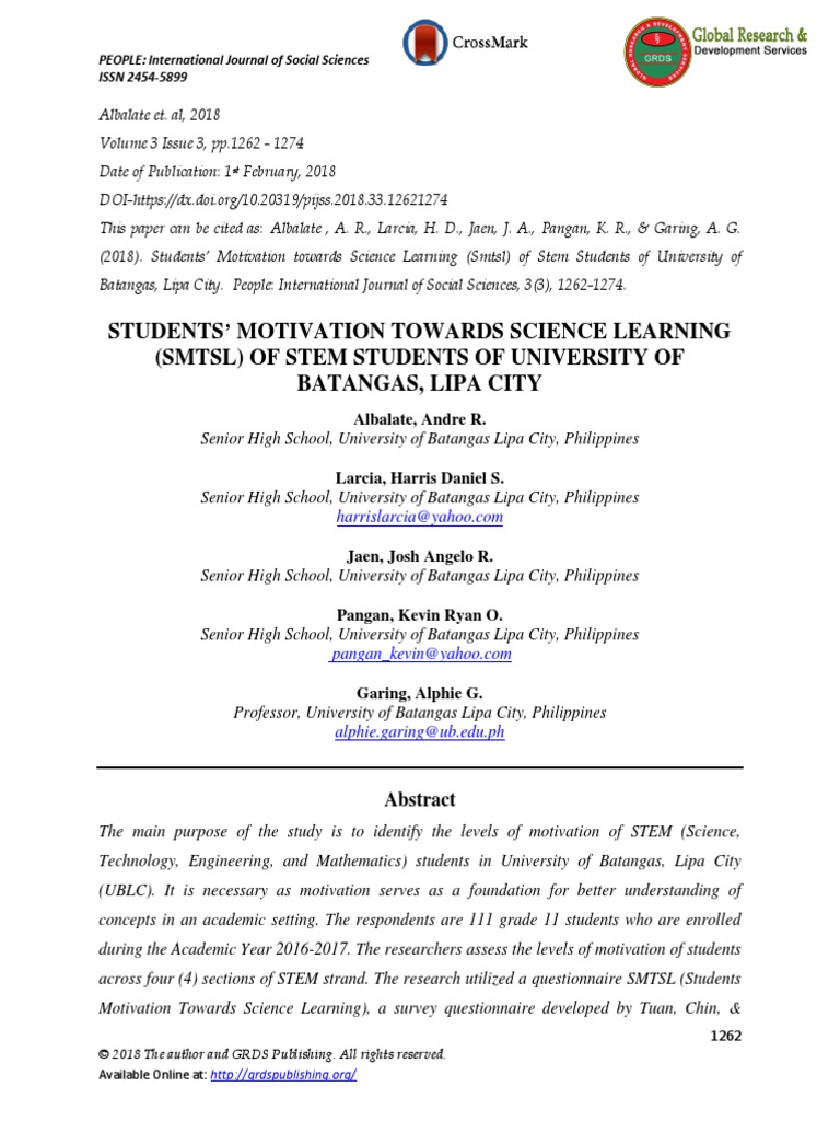 Students' Motivation Towards Science Learning (SMTSL) of Stem Students ...