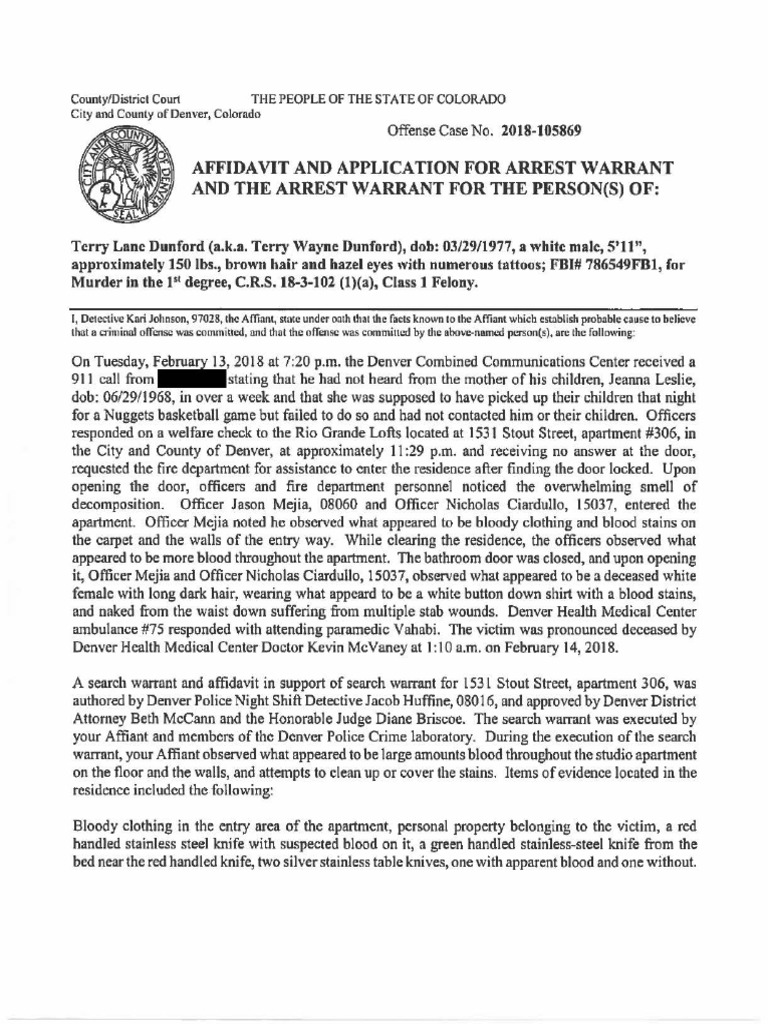 Terry Dunford Arrest Affidavit | PDF | Search Warrant | Arrest Warrant