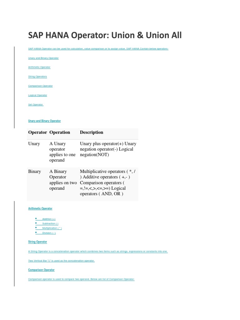 Sap Hana Operator | PDF | Table (Database) | Computer Programming