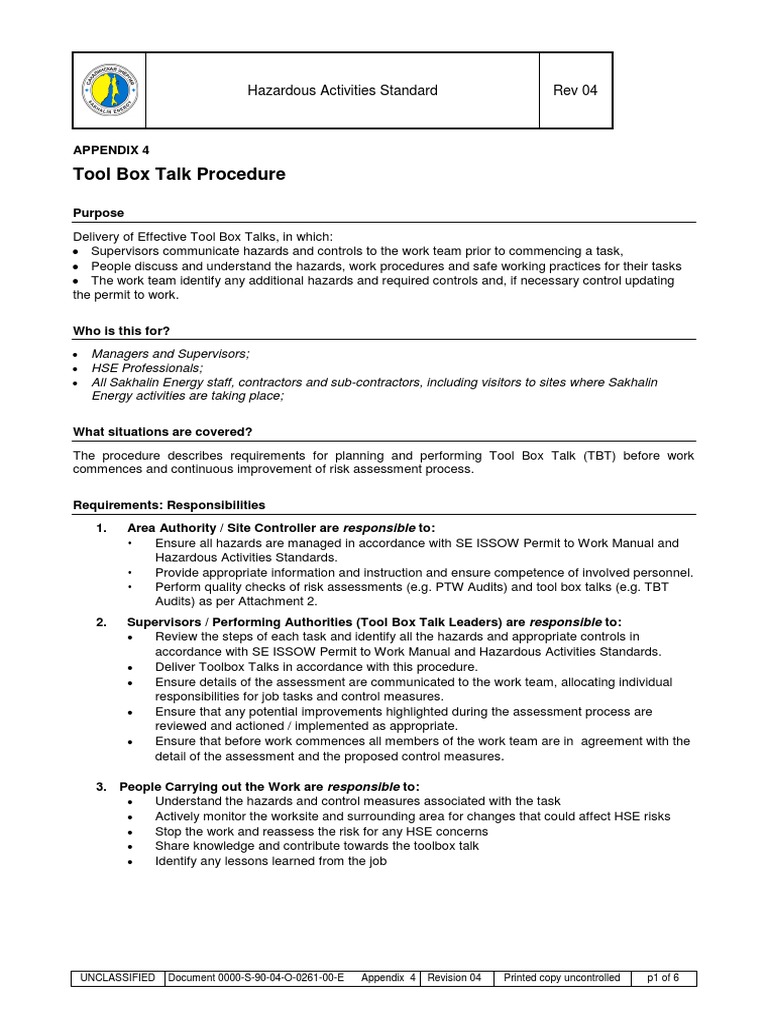 Tool Box Talk Procedure: Hazardous Activities Standard Rev 04 | PDF ...