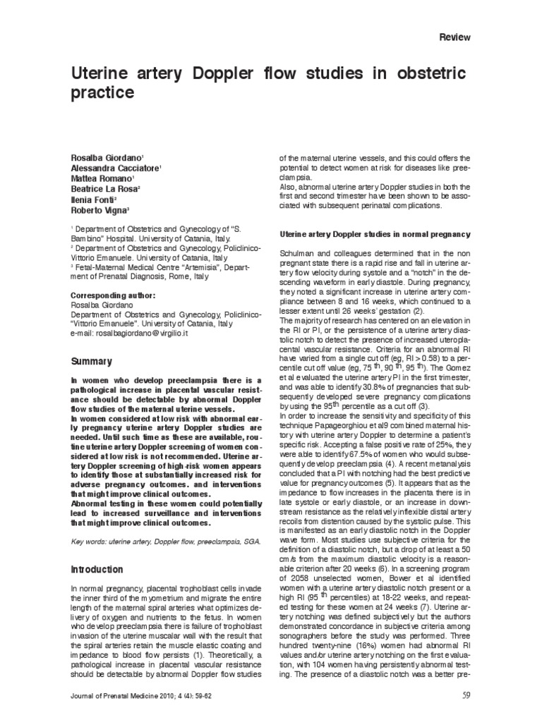 Uterine Artery Doppler Flow Studies in Obstetric Practice | PDF ...