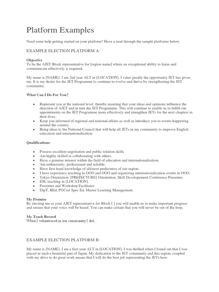 Sample election platforms and AJET representative examples | PDF ...