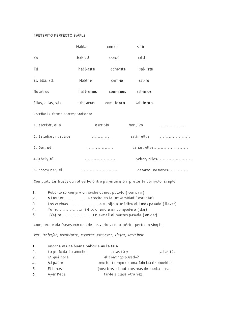 Preterito Perfecto Simple Preterito Imperfecto Preterito ...