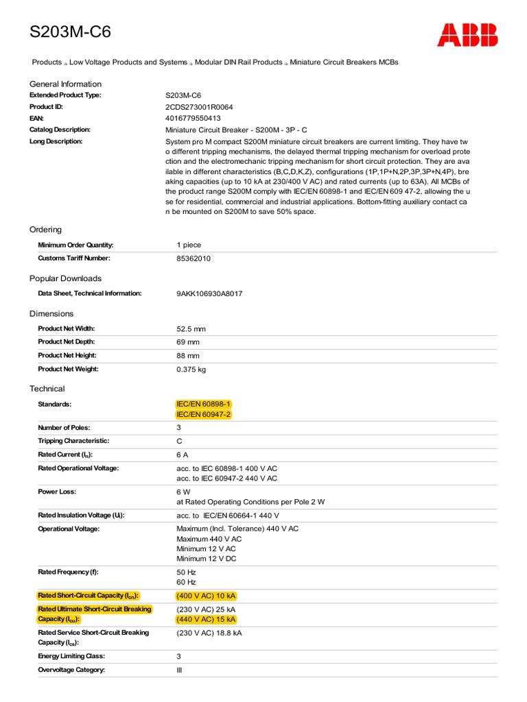2CDS273001R0064 Miniature Circuit Breaker s200m 3p C | PDF | Physical ...