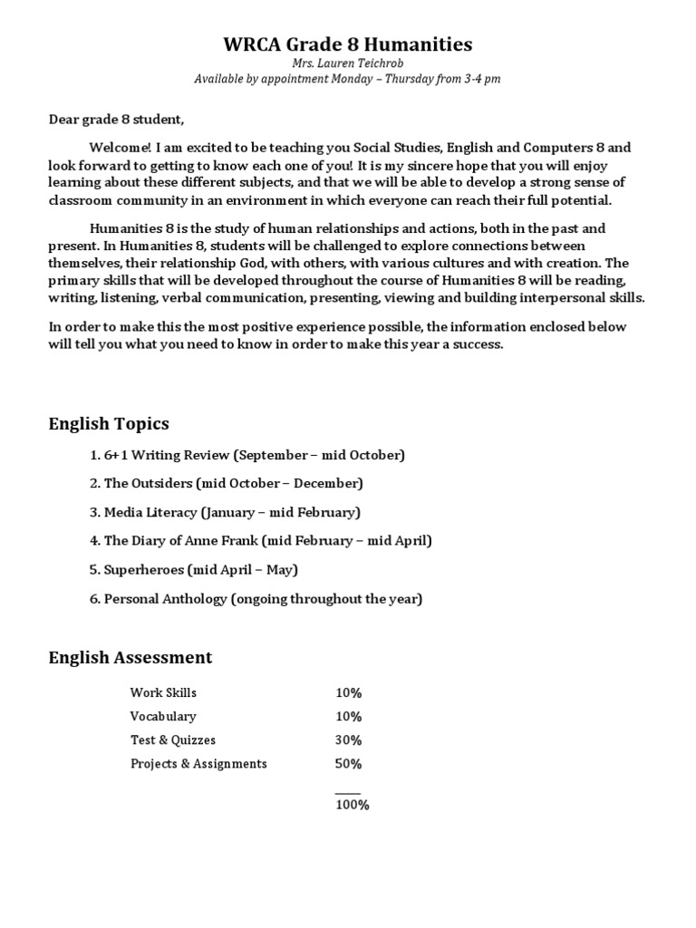 Grade 8 Humanities Course Overview | PDF | Homework | Learning