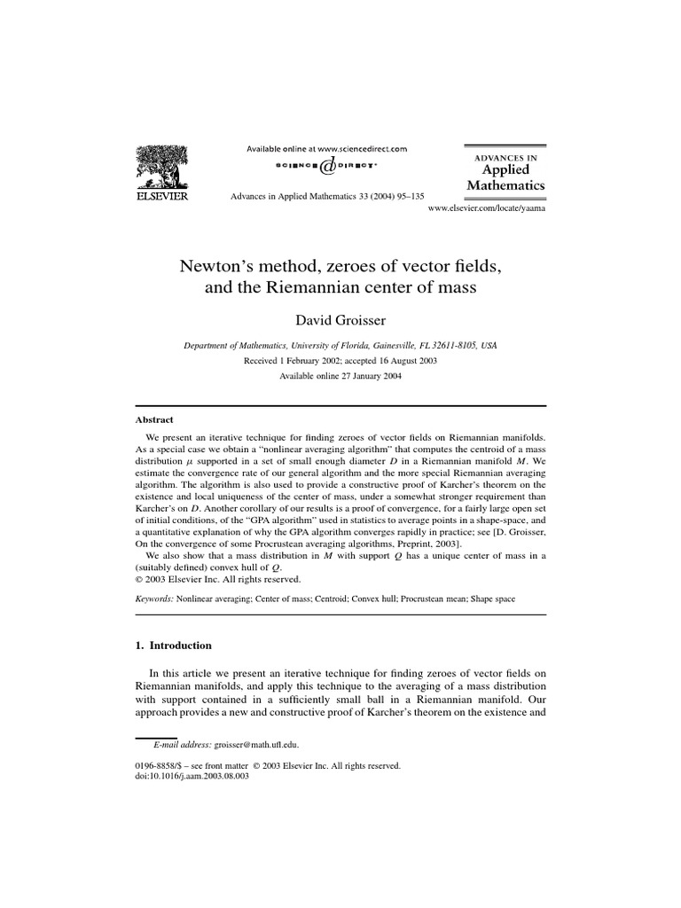Newton's Method, Zeroes of Vector Fields, and The Riemannian Center of Mass | Download Free PDF ...