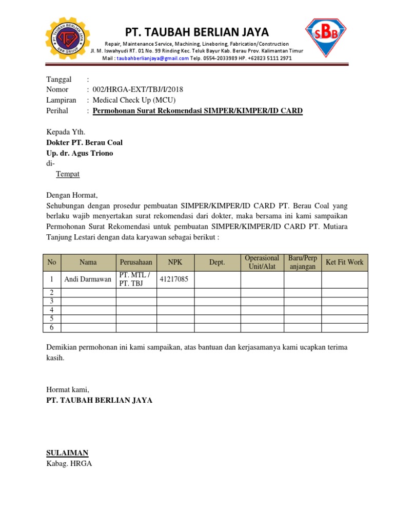 Permohonan Surat Rekomendasi Simper-Kimper-Id Card - MTL | PDF | Bisnis