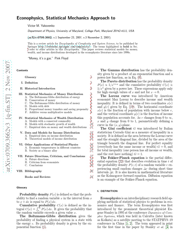 Econophysics, Statistical Mechanics Approach To | PDF | Physics | Economics