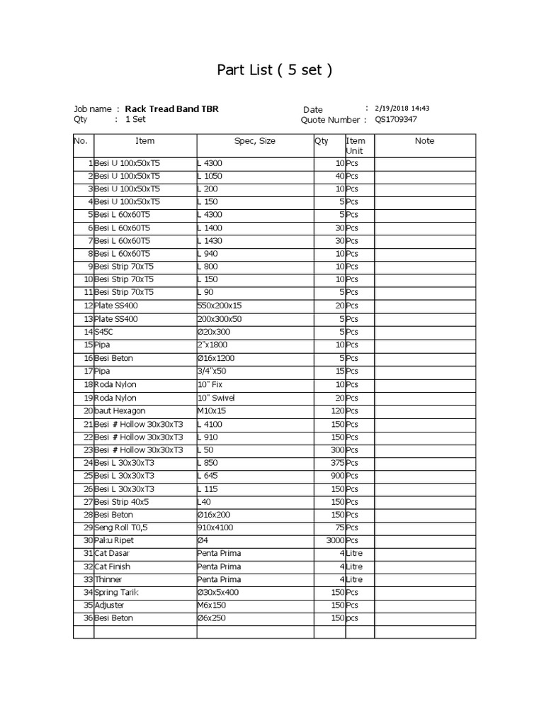 Part List (5 Set) : Date: Quote Number: No. Item Spec, Size Qty Note ...