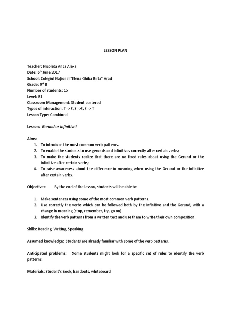 Lesson Plan Gerund Infinitive | PDF | Lesson Plan | Verb