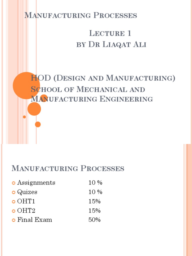An Introduction to Manufacturing Processes: A Lecture Outline Covering ...