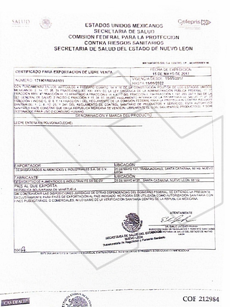 Certificado para La Exportación de Libre Venta (Empresa DAI) | PDF