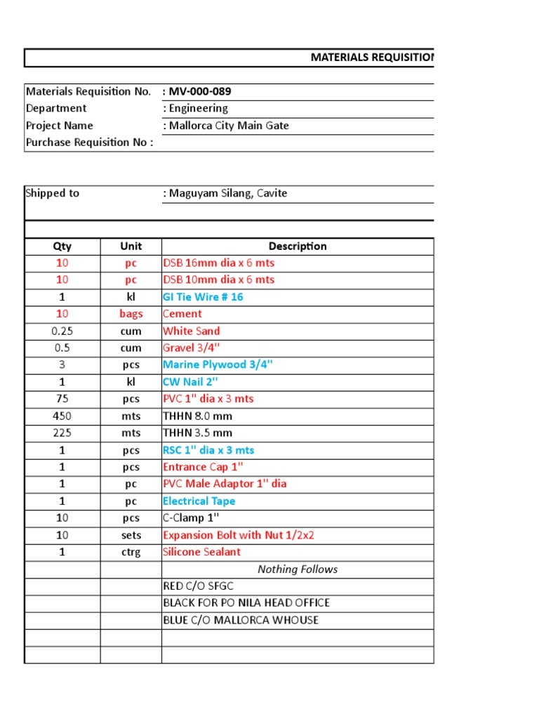 Materials Requisition Form: 10 PC DSB 16mm Dia X 6 Mts 10 PC DSB 10mm ...