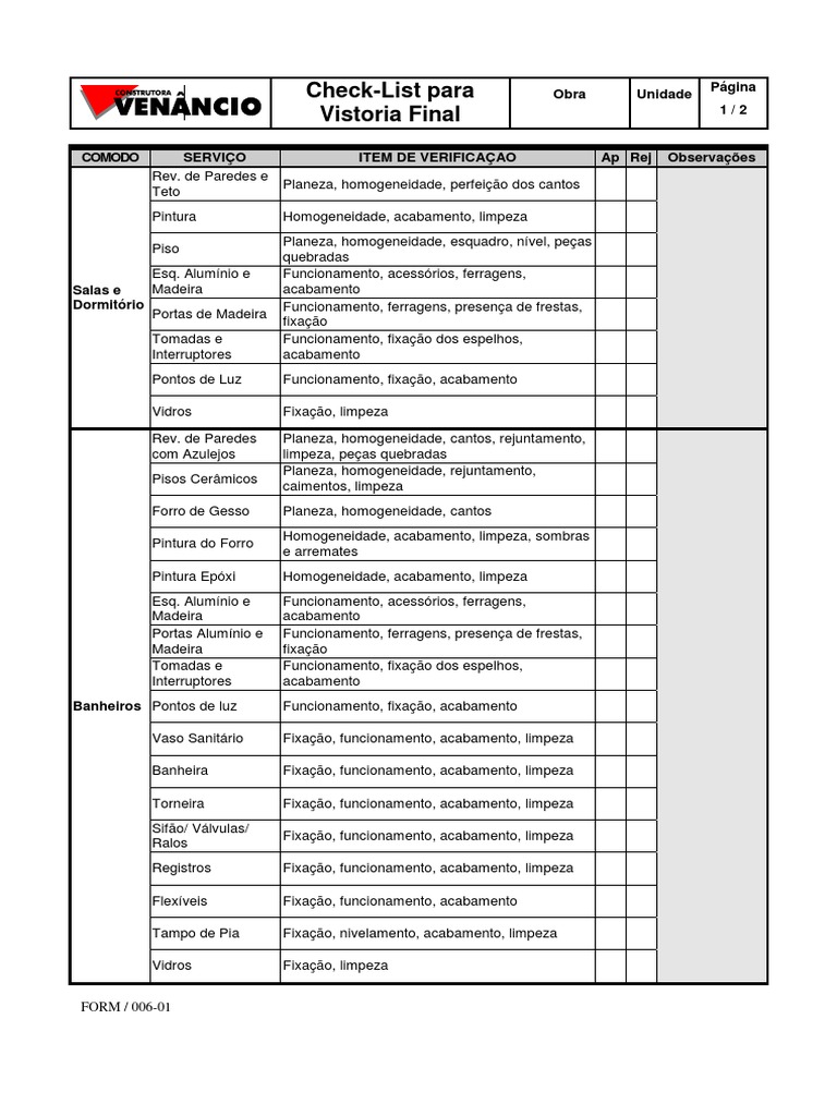 FORM - 006-01 - Check List de Vistoria Final - 2 - PDF | PDF | Engenharia Civil | Materiais de ...