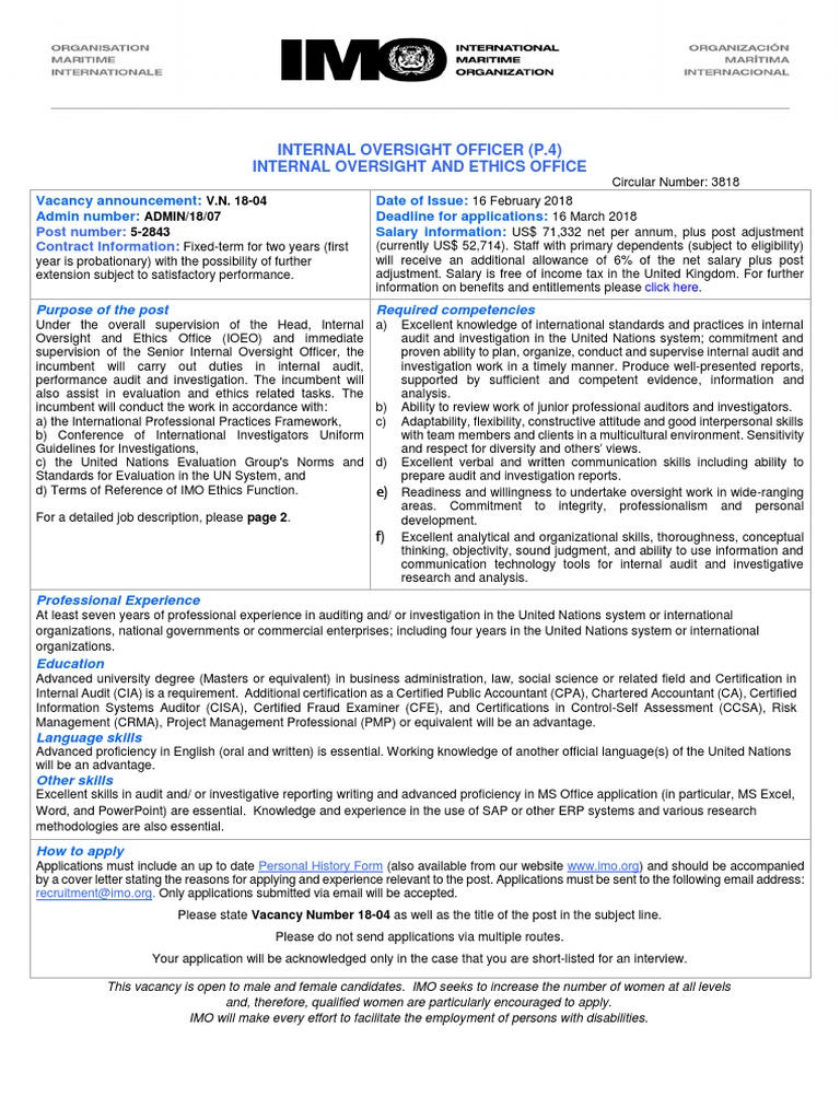 VN 18-04 Internal Oversight Officer (P.4), IOEO - External | PDF ...