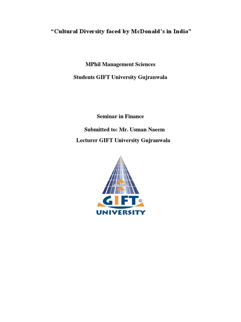 "Cultural Diversity Faced by Mcdonald'S in India": Mphil Management ...