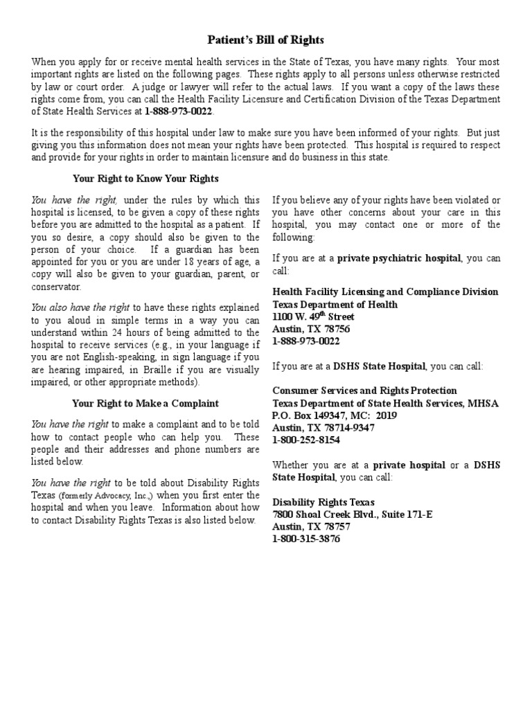 Mental Health Services Patients Bill of Rights - Texas | Medical Record ...