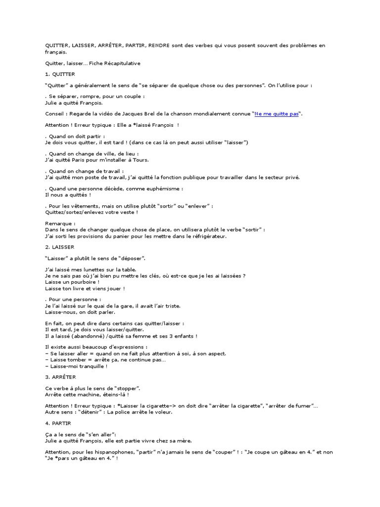Verbes français : quitter et laisser | PDF | Arts du langage et discipline