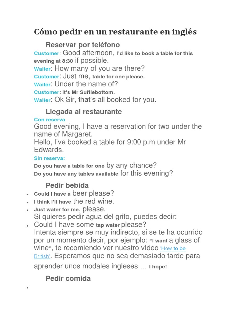 Pedir en Un Restaurante | PDF | Foods