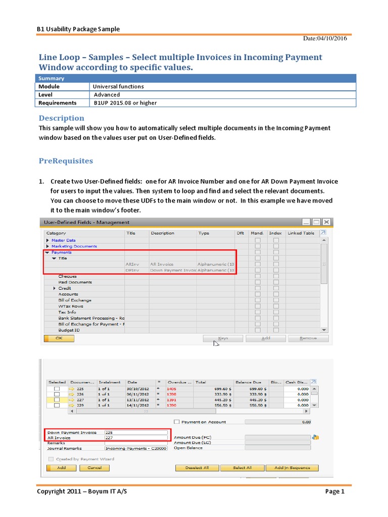 Line Loop - Select Multiple Invoices in Incoming Payment | PDF