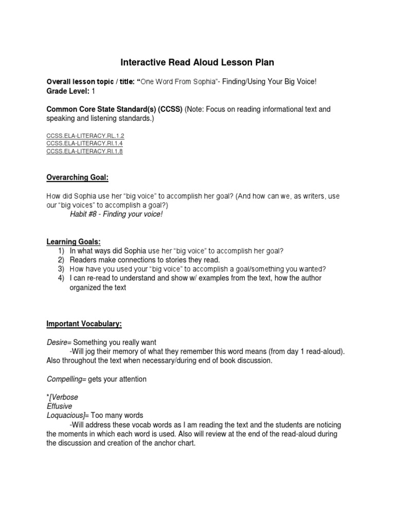 Interactive Read Aloud Lesson Plan | PDF | Goal | Change