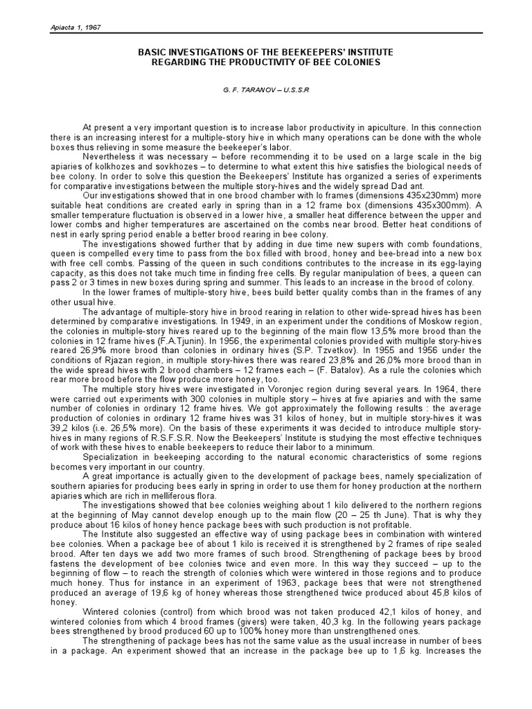 Basic Investigations of The Beekeepers' Institute Regarding The Productivity of Bee Colonies ...