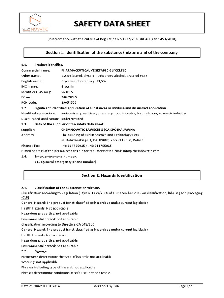 CHEMNOVATIC MSDS Pharmaceutical Vegetable Glycerin ENG | PDF ...