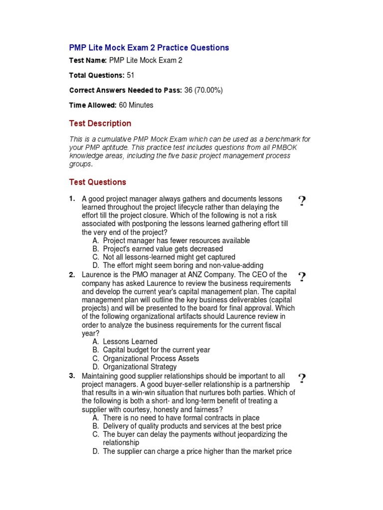 PMP Lite Mock Exam 2 Questions | PDF | Procurement | Project Management